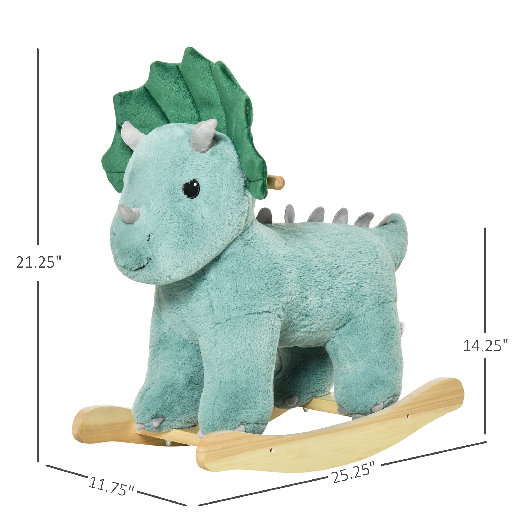 Qaba Kids Plush Ride-On Rocking Horse Triceratops-Shaped Plush Toy Rocker with Realistic Sounds for Child 36-72 Months Dark Green