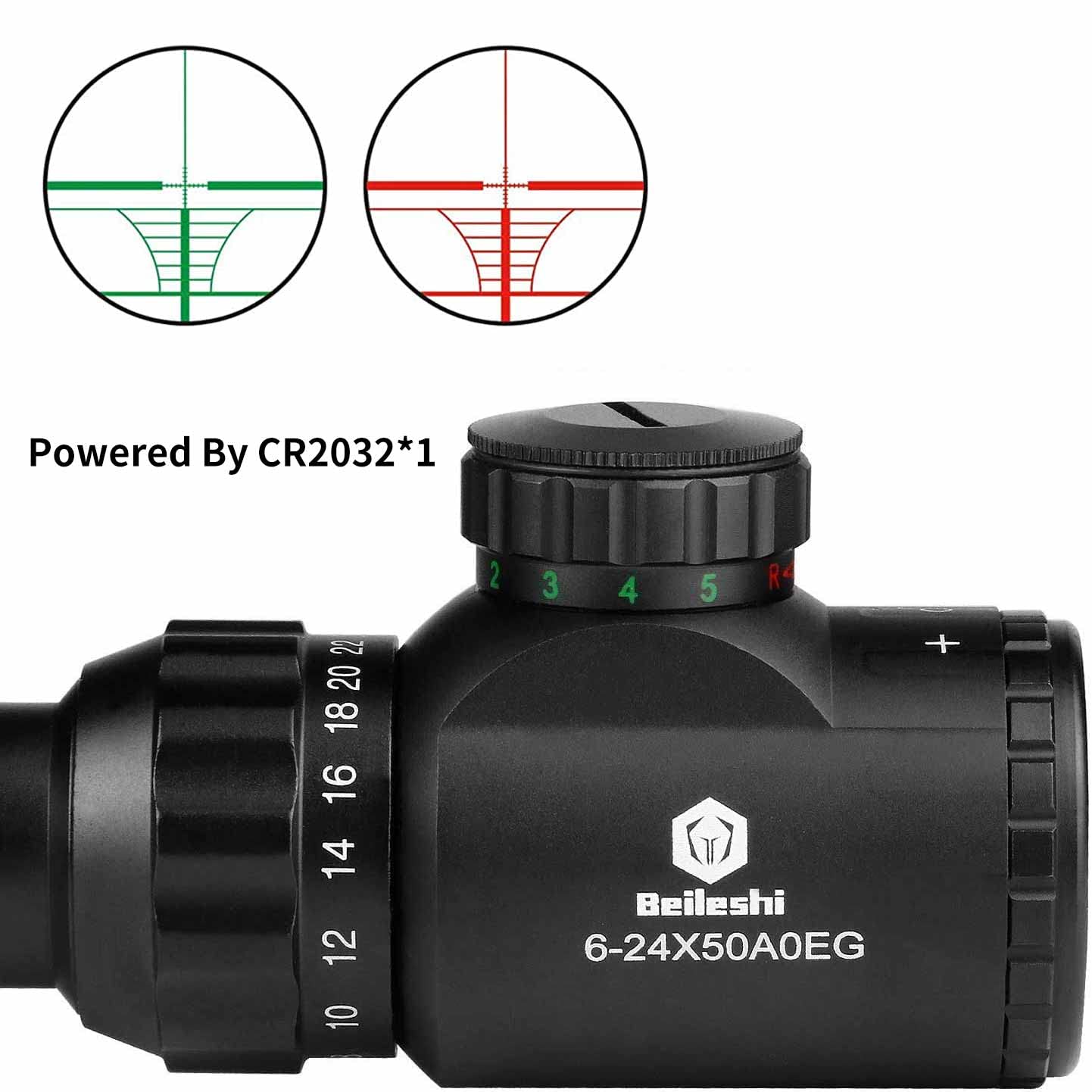 Beileshi 6-24X50 AOEG Optics Hunting Rifle Scope Red & Green Illuminated Crosshair Gun Scope with Flip Up Scope Covers