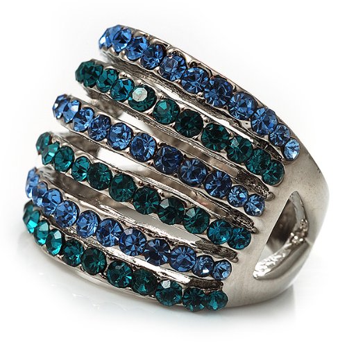 Avalaya Silver Tone Wide Crystal Band Ring (Light Blue & Teal) - size 7