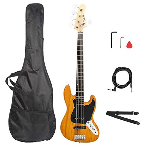 Bass & Guitar Accessories Glarry Gjazz Electric 5 String Bass Guitar Full Size Bag Strap Pick Connector Wrench Tool Transparent Yellow