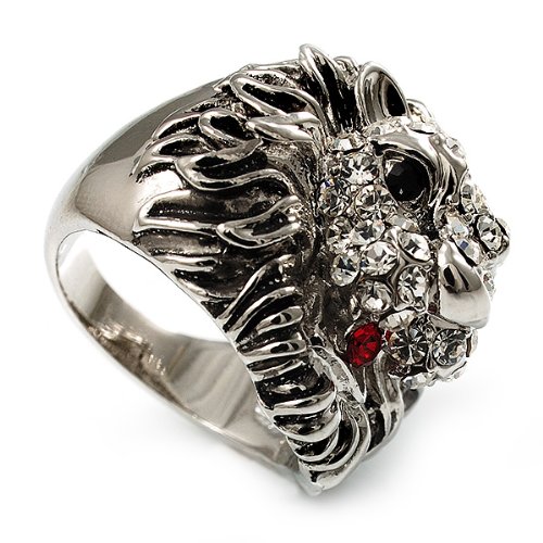 Avalaya Statement Rhodium Plated Crystal 'Lion' Ring - size 9
