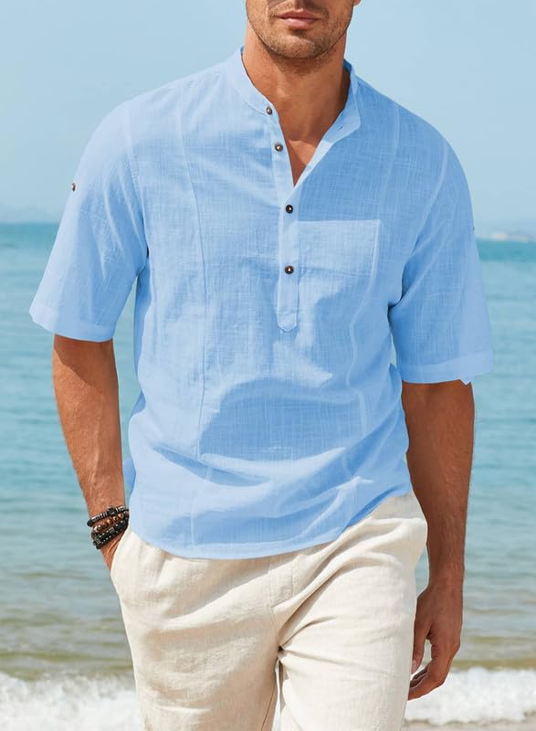 JMIERR Mens Casual Cotton Linen Texture Henley Shirt Short Sleeve Button Down Shirt Summer Beach Tropical Cruise Shirts US 40(M) Sky Blue