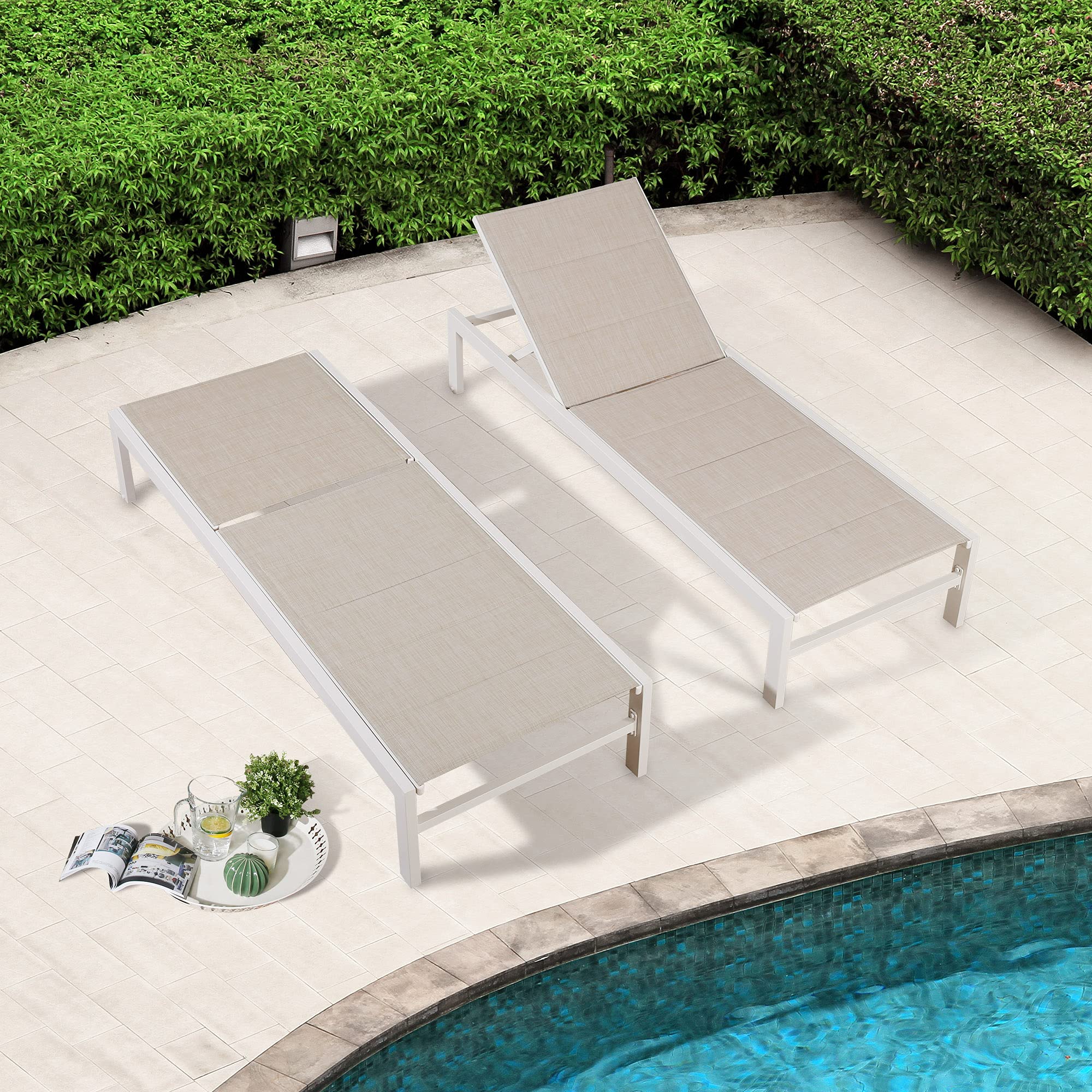 Iwicker Patio 2-Pieces Aluminum Chaise Lounge Chairs Adjustable Outdoor Quick Dry Foam Padded Lounger Reclining Chairs with 5-Position Backrest,Beige