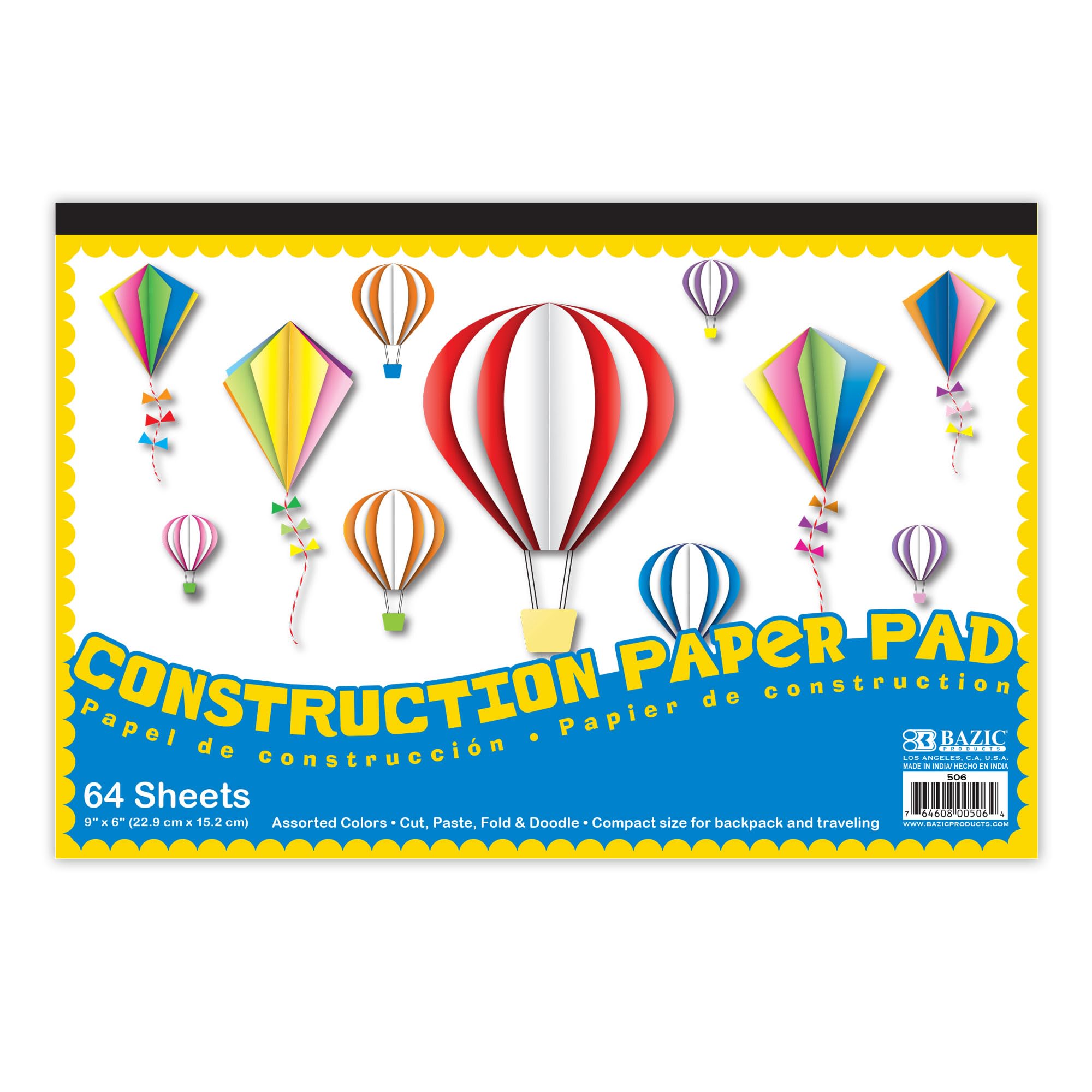 BAZIC Mini Construction Paper Pad 64 Sheet 6" X 9", Assorted Colors, for Fold Cut Glue, Gift for Toddler Kids Classrooms School Home DIY, 1-Pack