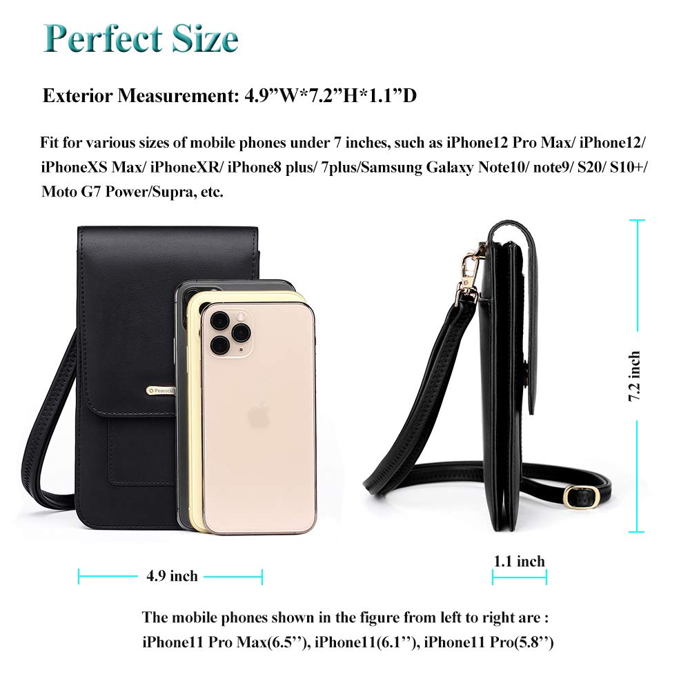 Peacocktion Small Crossbody Cell Phone Bag for Women, Leather Shoulder Bag Card Holder Phone Wallet Purse (Black)