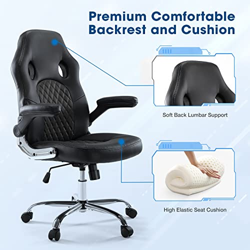 Gaming Chair, Home Office Computer Chair PU Leather Ergonomic Racing Desk Chair Adjustable Height Mid Back Executive Task Chair with Lumbar Support and Flip Up Armrest, Rocking Swivel Comfty Cushion