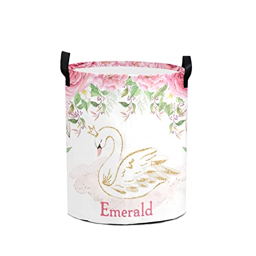 Personalized Watercolor Fantasy Floral Swan Waterproof Laundry Basket Handles Collapsible Hamper Storage Basket for Office Bathroom