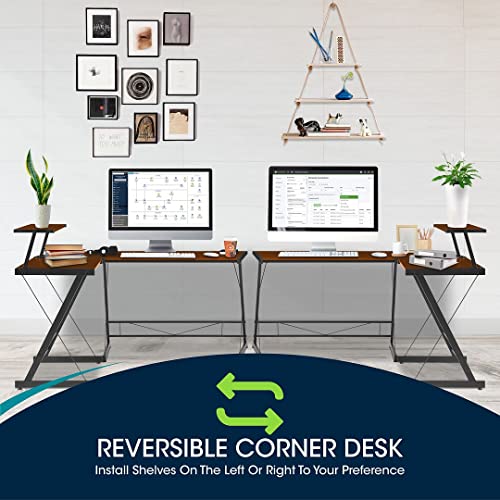 Halter L Shaped Desk, Gaming Computer Corner Desk for Small Spaces with Monitor Shelf, Modern Home Office L Desk, Writing Study, Workstation, Brown, 59 Inches