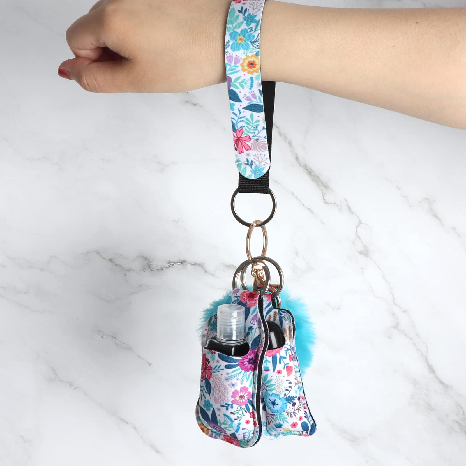 Manste 60Pcs Chapstick Holder Keychain Bulk,Travel Bottles with Keychain、Lipstick Holder Keychain、Fluffy Ball Keychain、Keychain Wristlet Lanyards、Colorful Pom Poms Keychains、Pompoms Keyring