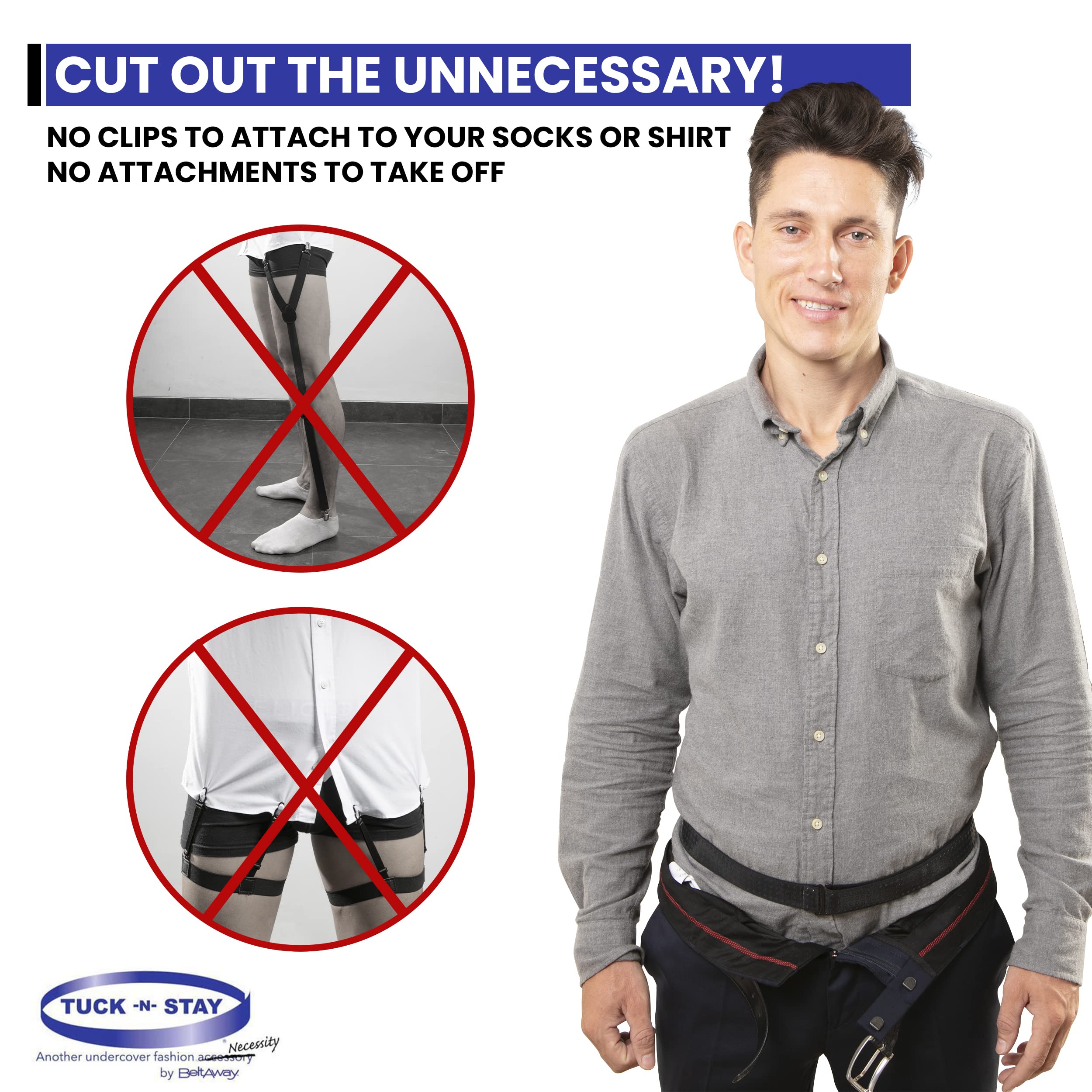 BELTAWAY Tuck N Stay Keep Shirts Tucked in Extra Gripping Shirt Stays for Men - Adjustable Stretch belt, Look Neat for Work, Dress, Casual