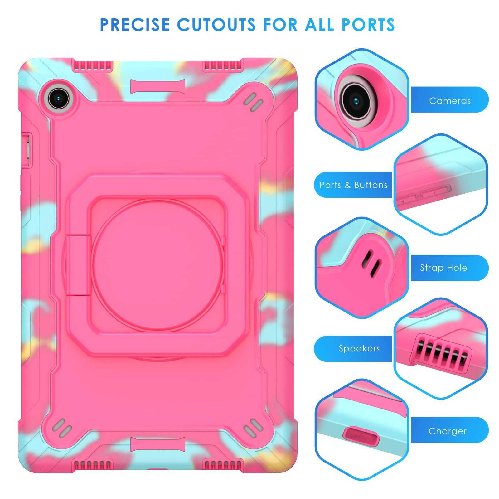 DETUOSI Case for Samsung Galaxy Tab A8 10.5 inch 2022, Galaxy Tab A8 Shockproof Case with 360°Rotatable Stand & Shoulder Strap, Heavy Duty Case for SM-X200/X205/X207, Camouflage Rose Red