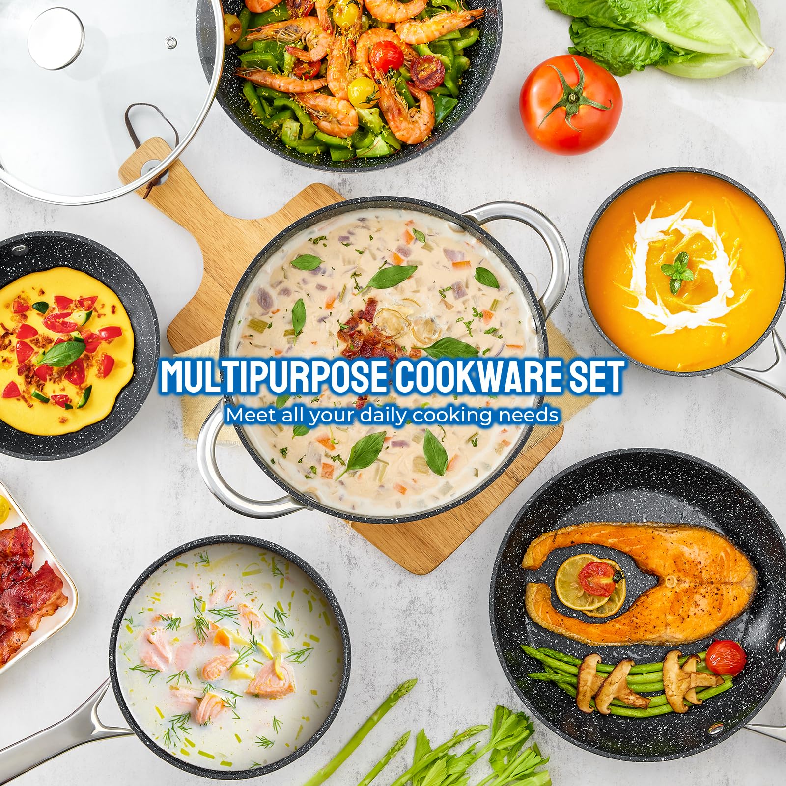 BEZIA Pots and Pans Set Nonstick, Induction Cookware Sets 10 Piece, Compatible with All Stoves, Dishwasher Safe Kitchen Cooking Pan Set with Frying Pans, Saucepans & Stockpot, Grey
