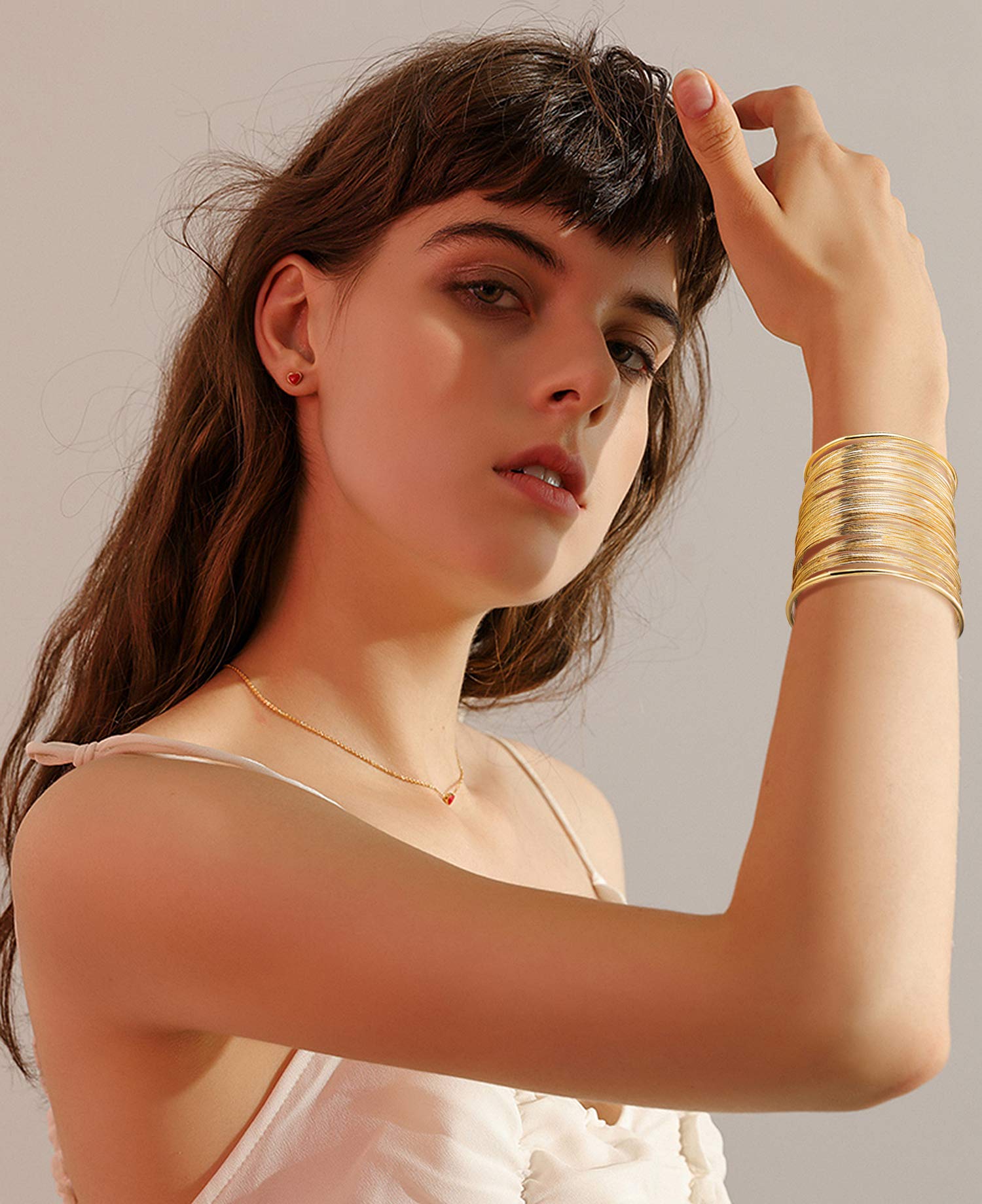 Besteel 2 Pcs Cuff Bangle Bracelet Set for Women Open Wide Wire Bracelets Adjustable Gold Sliver-Tone Plated (Gold-tone A)