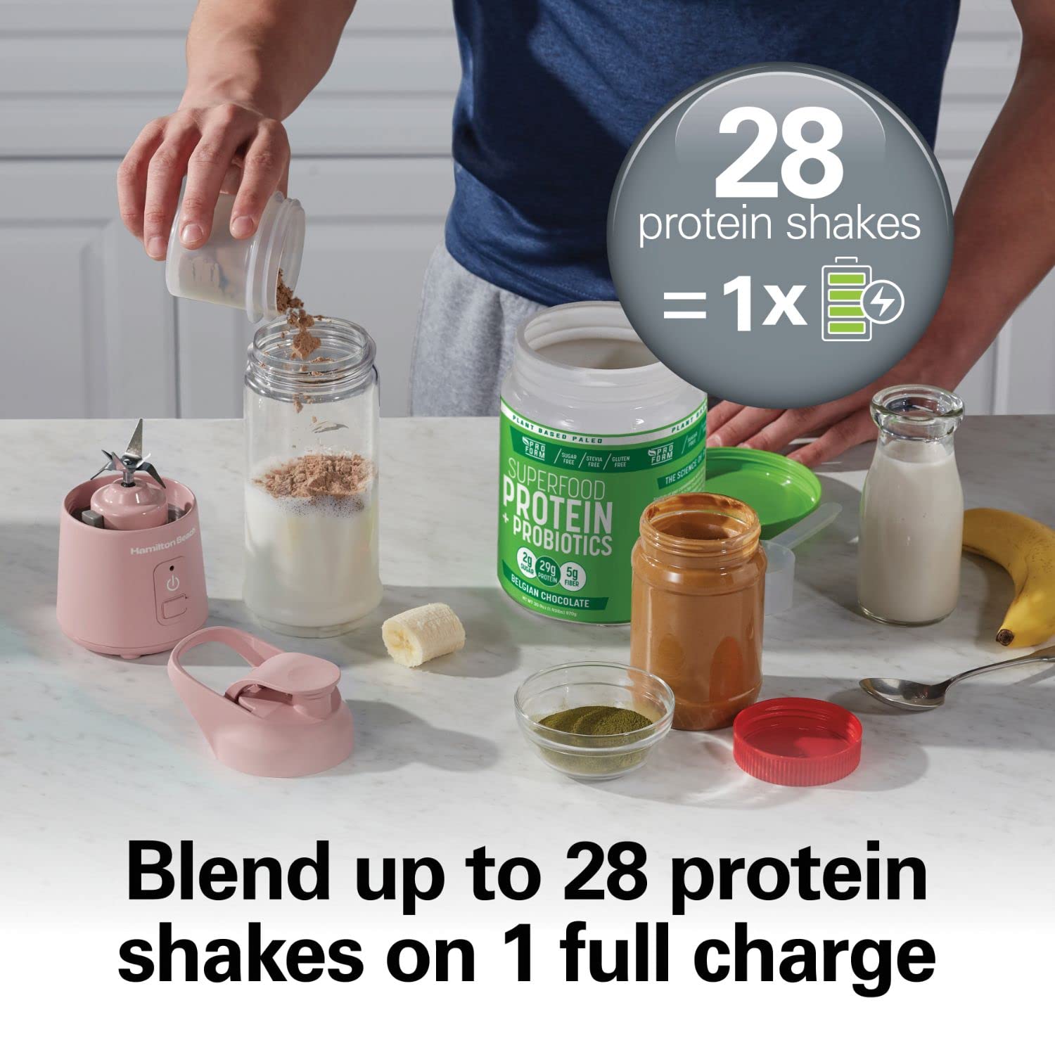 Hamilton Beach Mini Cordless Portable Personal Blender for Shakes and Smoothies, USB Rechargeable, 16 oz. Jar with Leakproof Travel Lid, 6 Stainless Steel Blades, Pink (51181)