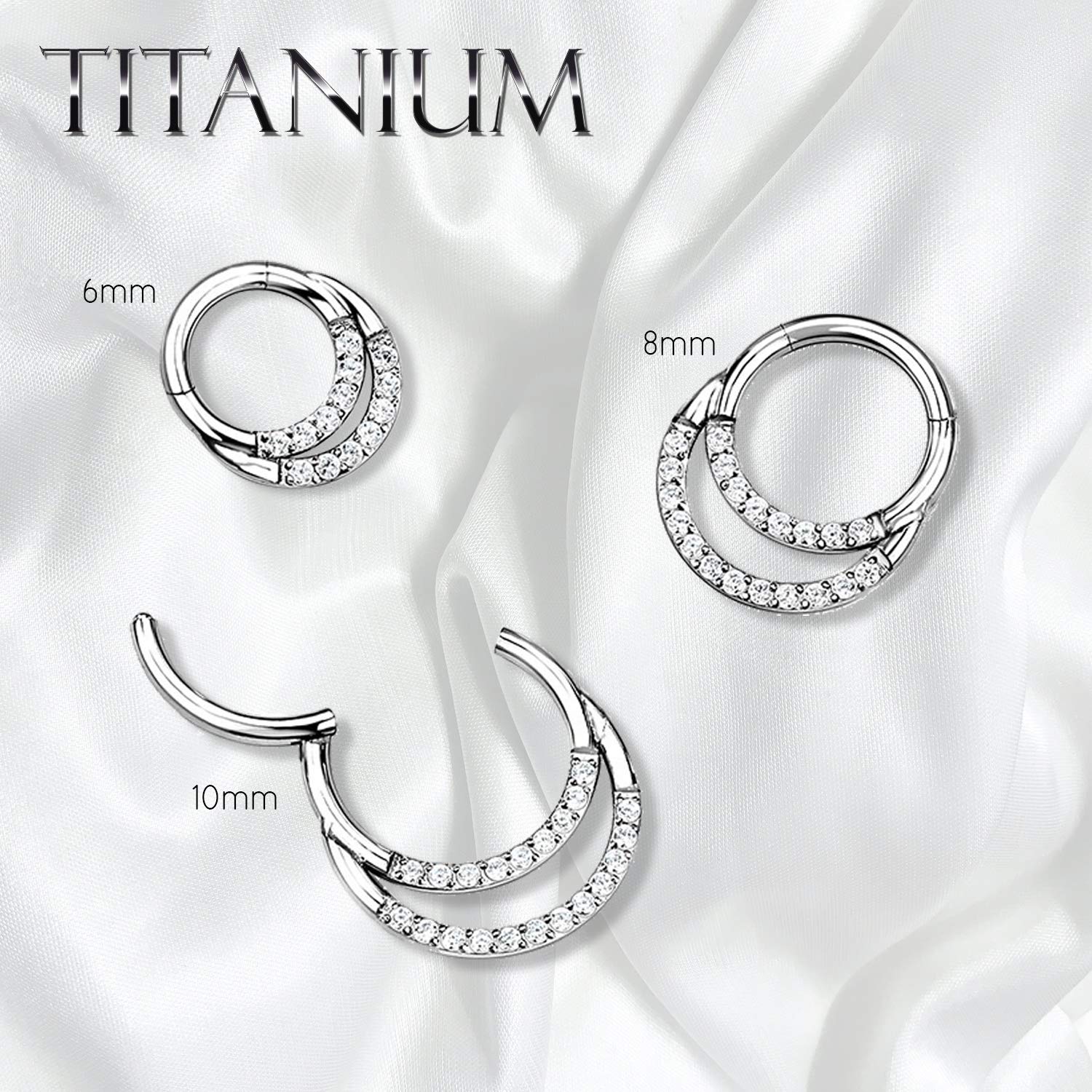 BodyJ4You Piercing Ring 16G Hinged Clicker Hoop Implant Grade Titanium Double Lined Paved CZ Gem Septum Nipple Daith