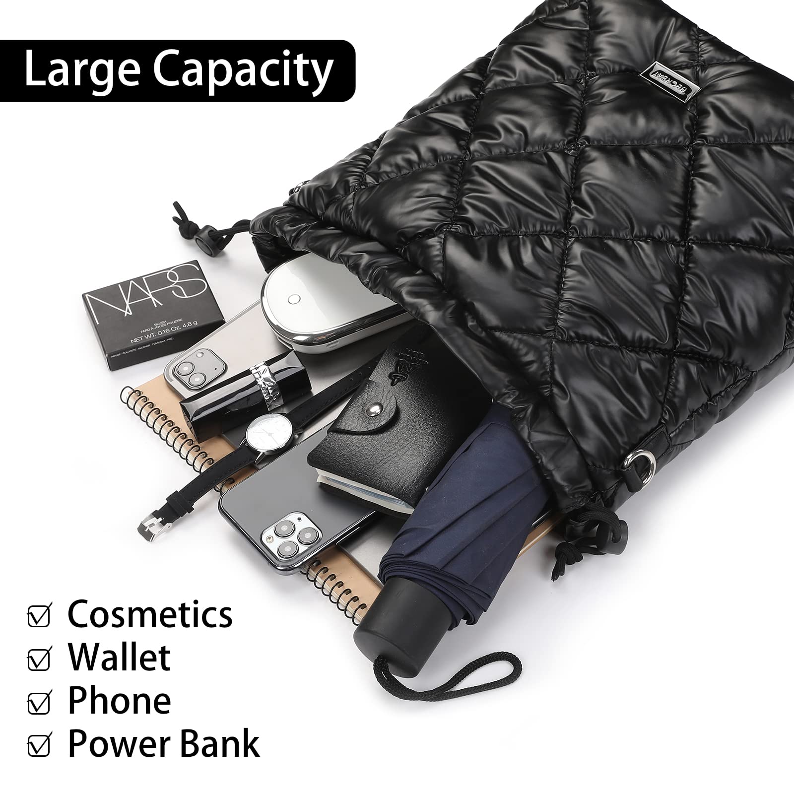 BBCREAT Puffer Bag, Quilted Crossbody Bags for Women Drawstring Puffer Tote bag Trendy Waterproof Shoulder Bag Lightweight Puffer Purse(Black)