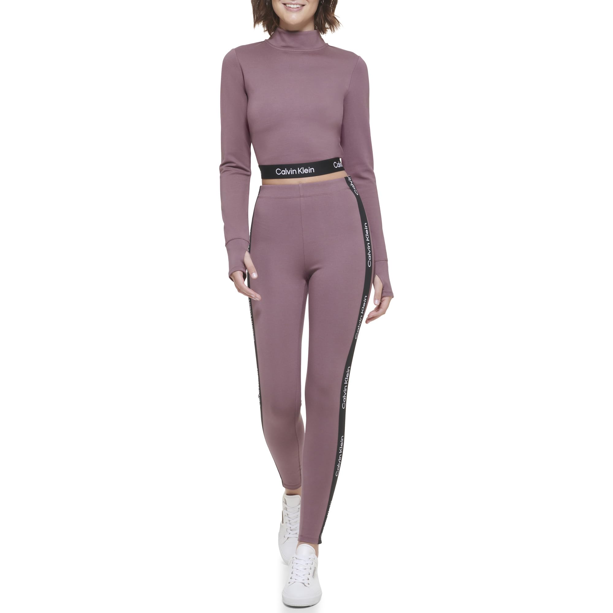 Calvin Klein Performance Women's Mock Neck Ponte Long Sleeve Fitted Crop Top, Thyme, Medium