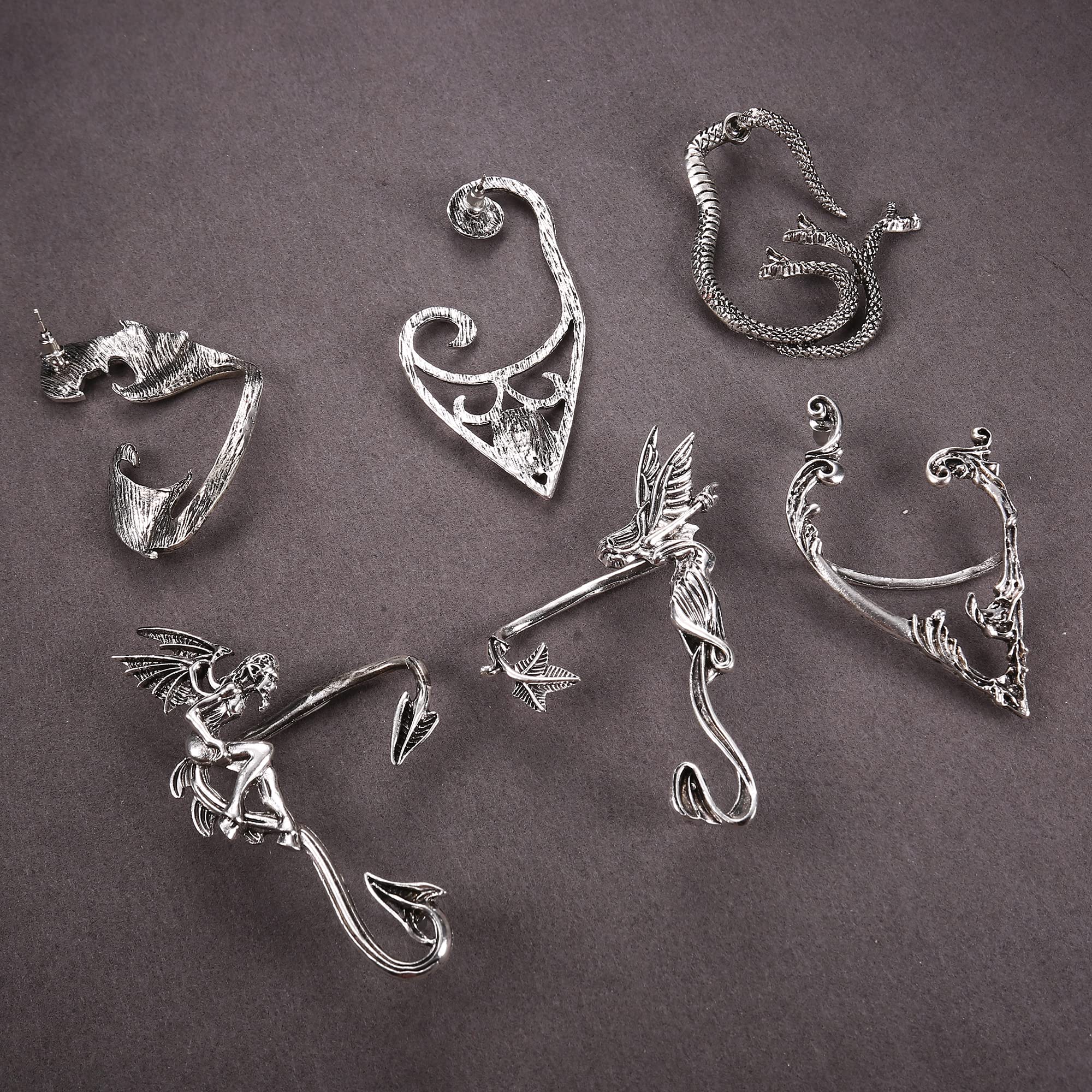 BESTEEL 6 Pcs Vintage Silver Hip Hop Earrings Punk Earring Studs for Men Women Pierced Gothic Elf Ear Cuffs with Piercing Stud Earrings Retro Snake Devil Bat Dragon Tentacle Earrings Pierced Cuff Wrap Earrings Cosplay Jewelry Gifts Halloween Christmas Par