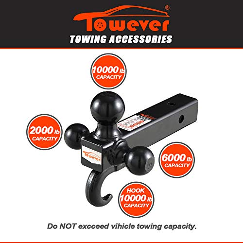 Towever 84181 Class 3/4 Trailer Hitch Tri Ball Mount with Hook (Black, Hollow Shank), for Pickup Truck Tow Hitch Receiver