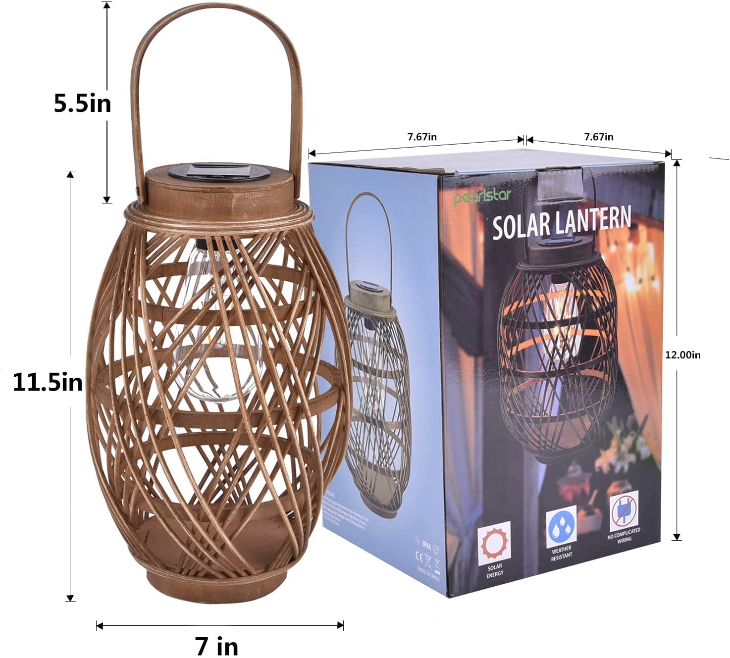 pearlstar Solar Lanterns Outdoor Waterproof - Rattan Natural Lantern with Handle for Hanging or Table Lanterns Edison Bulb, Auto On/Off for Patio Yard Garden Wedding Home Decoration(1 Pack Bronze)