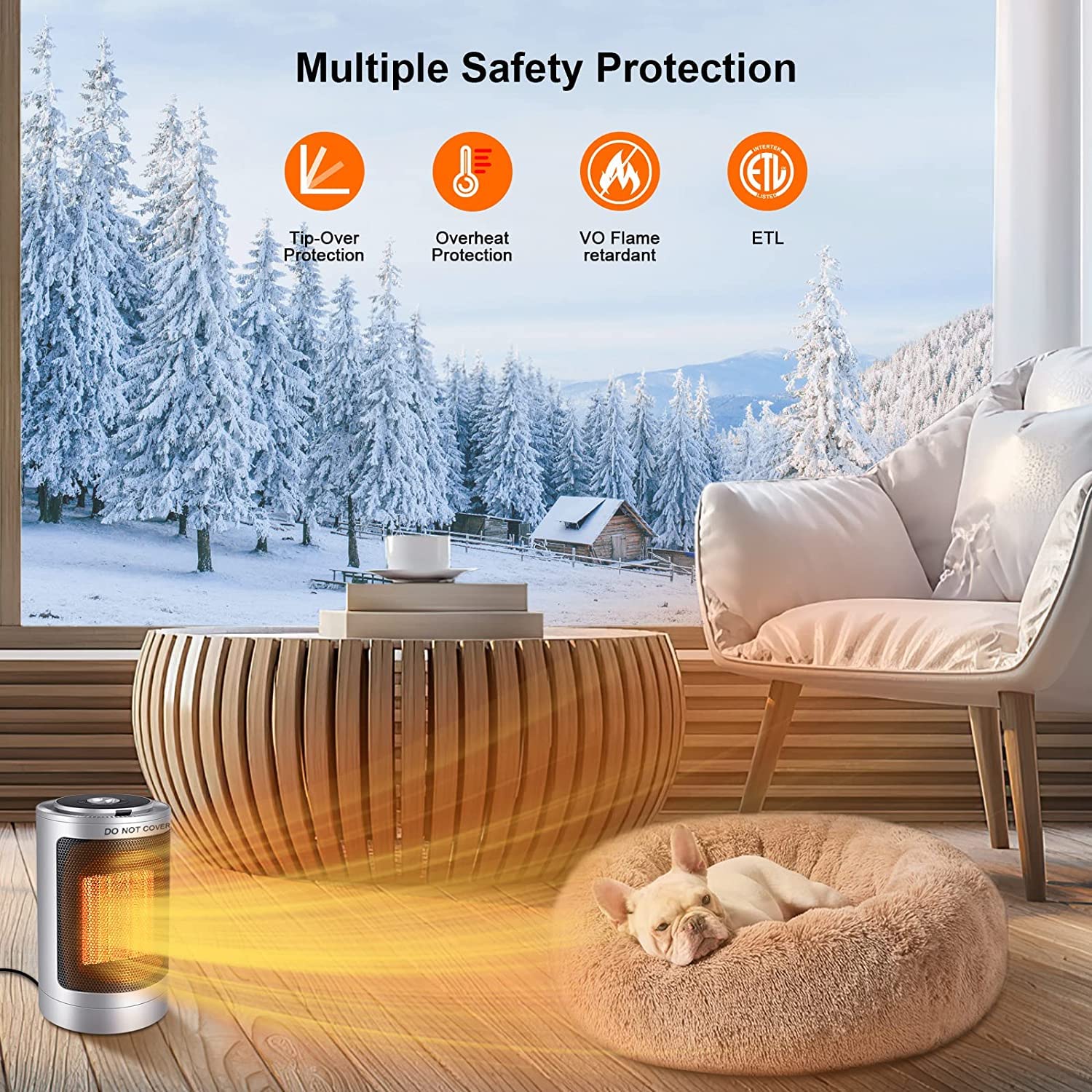 Space Heater, 1500W Ceramic Quiet Room Heater with Adjustable Thermostat, Tip-Over and Overheat Protection, Portable Electric Heater for Office Bedroom Indoors