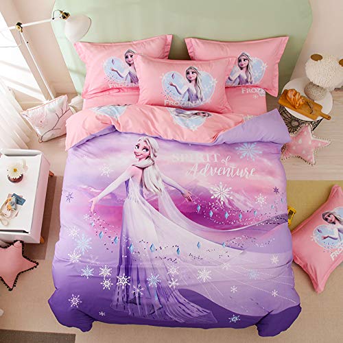 Jacoble Casa 100% Cotton Kids Bedding Set Girls Purple Frozen Elsa Princesses Duvet Cover and Pillow Cases and Fitted Sheet,4 Pieces,Queen