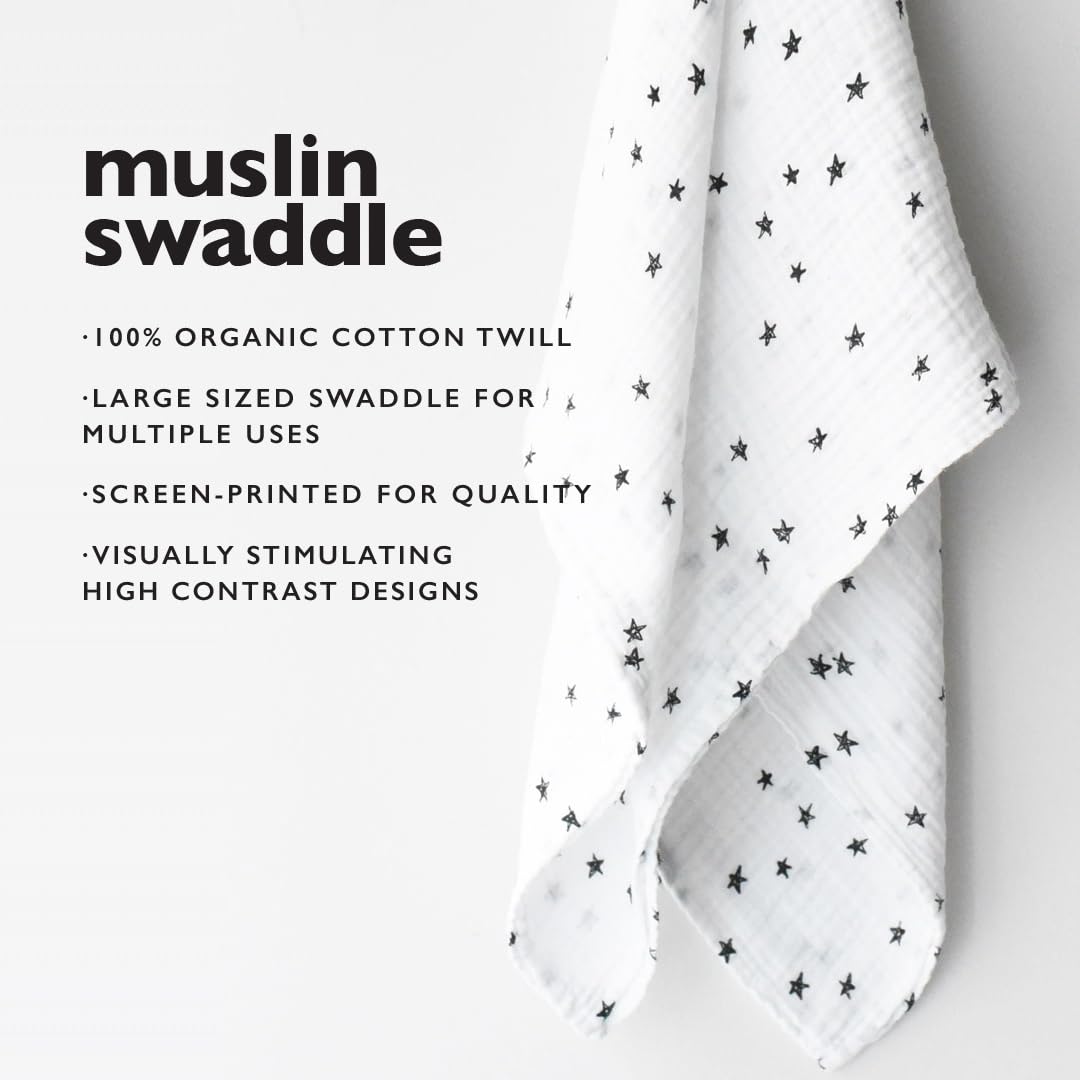Wee Gallery, Organic Muslin Swaddle - Stars Design - Black and White for Baby Visual Development, Quality Cotton Swaddling or Receiving Blanket