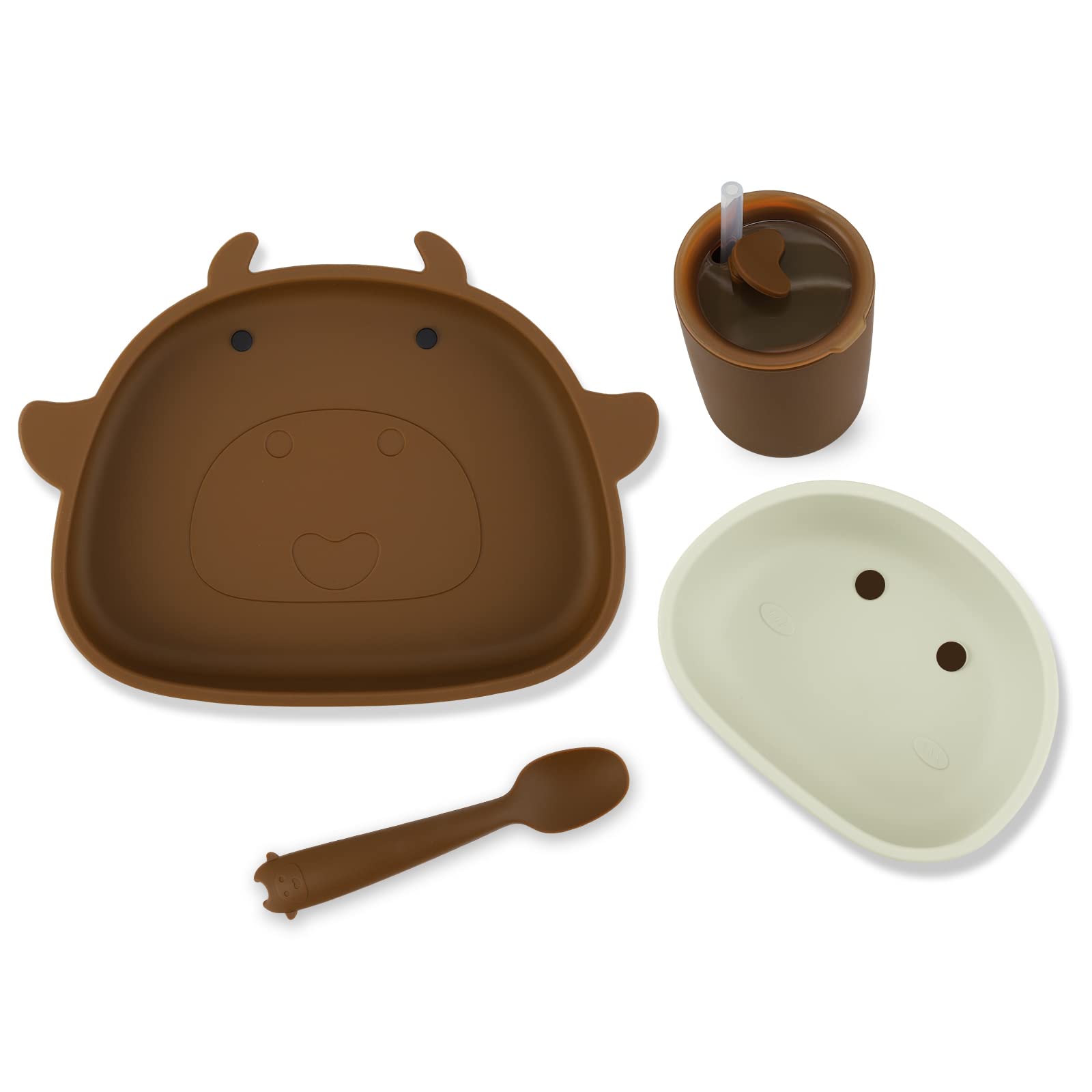 CranEden Silicone Toddler Dinnerware Set - Suction Plate, Bowl, Cup with Lid and Straw, Spoon Complete Set, Dishwasher and Microwave Safe Kids Utensils (Brown)