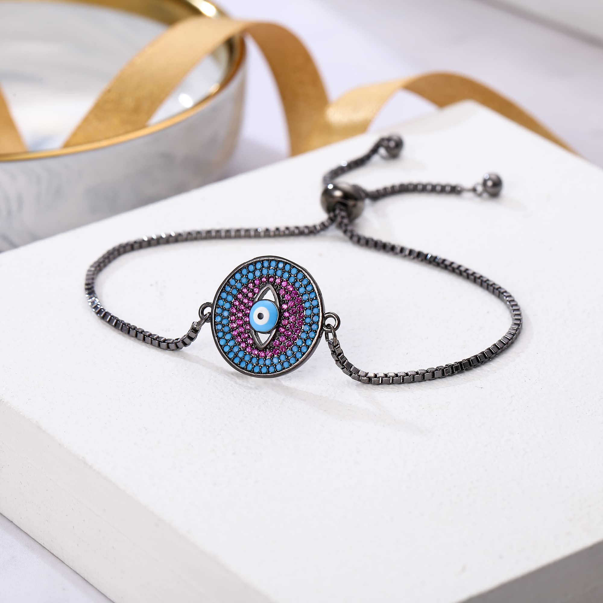 BriLove Evil Eye Bracelets Cubic Zirconia Dainty Adjustable Box Link Bracelet for Women