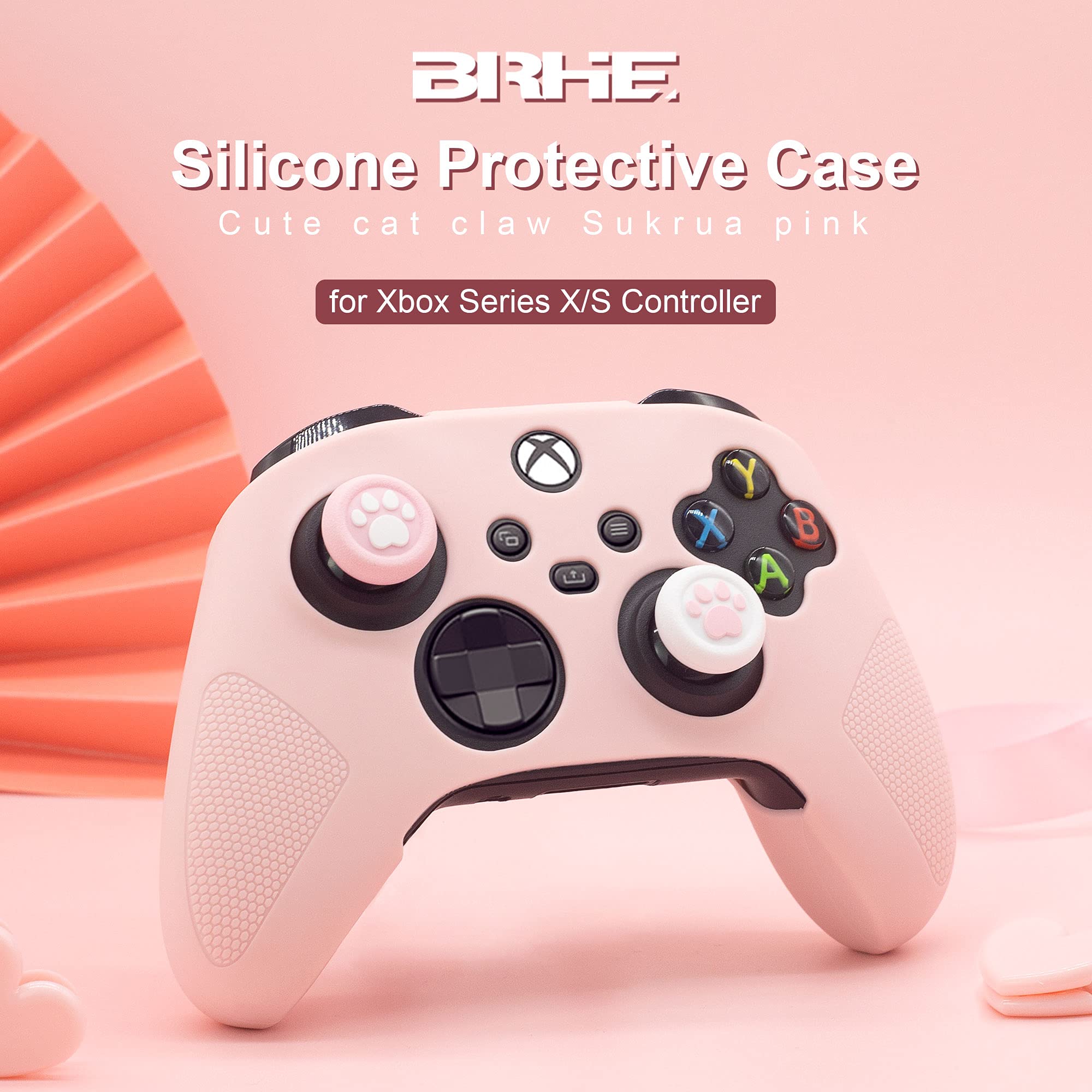 BRHE Cute Skin Cover for Xbox One / Series X/S Controller Anti-Slip Silicone Grip Protective Case Accessories Set Wireless/Wired Gamepad Joystick with 2 Cat Paw Thumb Grips Caps (Pink)