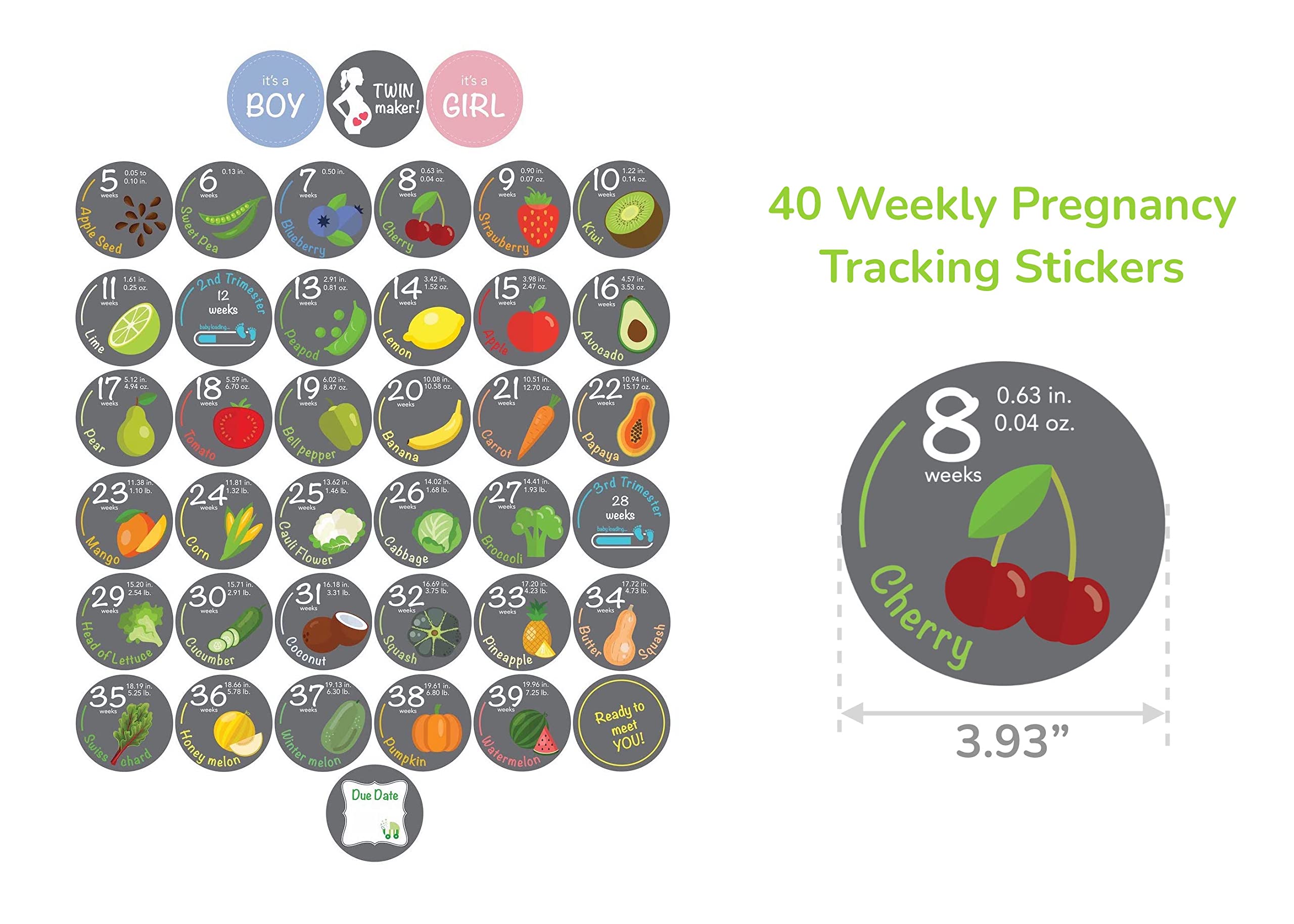 Bump Stickers - 40 Weekly Pregnancy Tracking Stickers – Week 5 to 40 + 4 Bonus Stickers – Pregnancy Photo Prop – Fruit 3.93 Inch