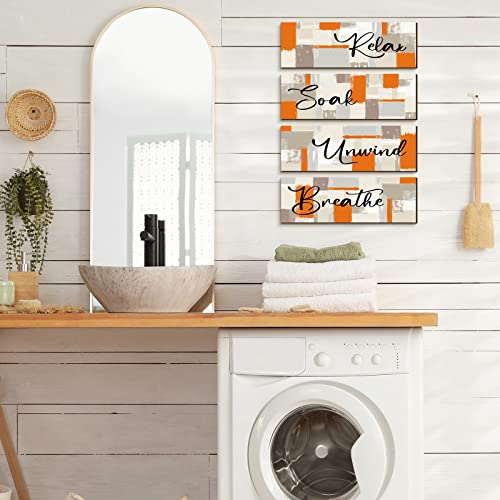 Tradder 4 Pcs Bathroom Wall Art Modern Orange and White Painting Art Bathroom Wall Signs Farmhouse Relax Soak Unwind Breathe Hanging Sign for Home Bathroom Decor