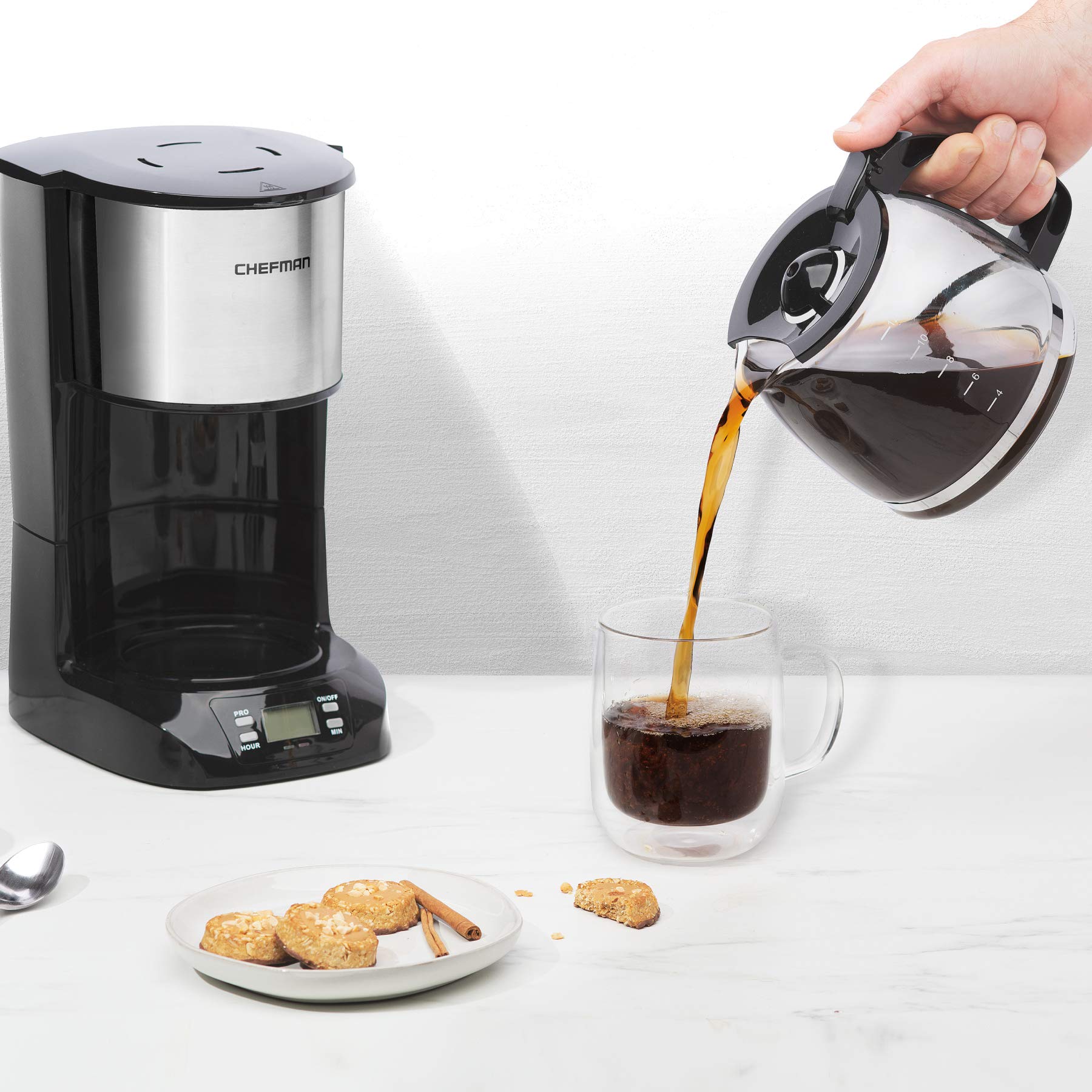 Chefman 12-Cup Programmable Coffee Maker, Electric Brewer, Auto Shut Off, LCD Display With Auto-Brew Function, Anti-Drip Pot, Reusable Filter for Fresh Grounds, Round Stainless Steel, Glass Carafe