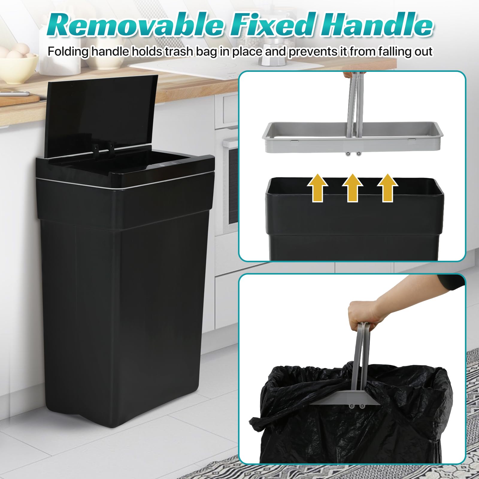 Dlewmsyic 50L / 13 Gallon Kitchen Trash Can with Lid, Fingerprint-Resistant Automatic Garbage Can, Large Capacity Plastic Touchless Sensor Garbage Bin for Bathroom, Bedroom and Home Office(Black)