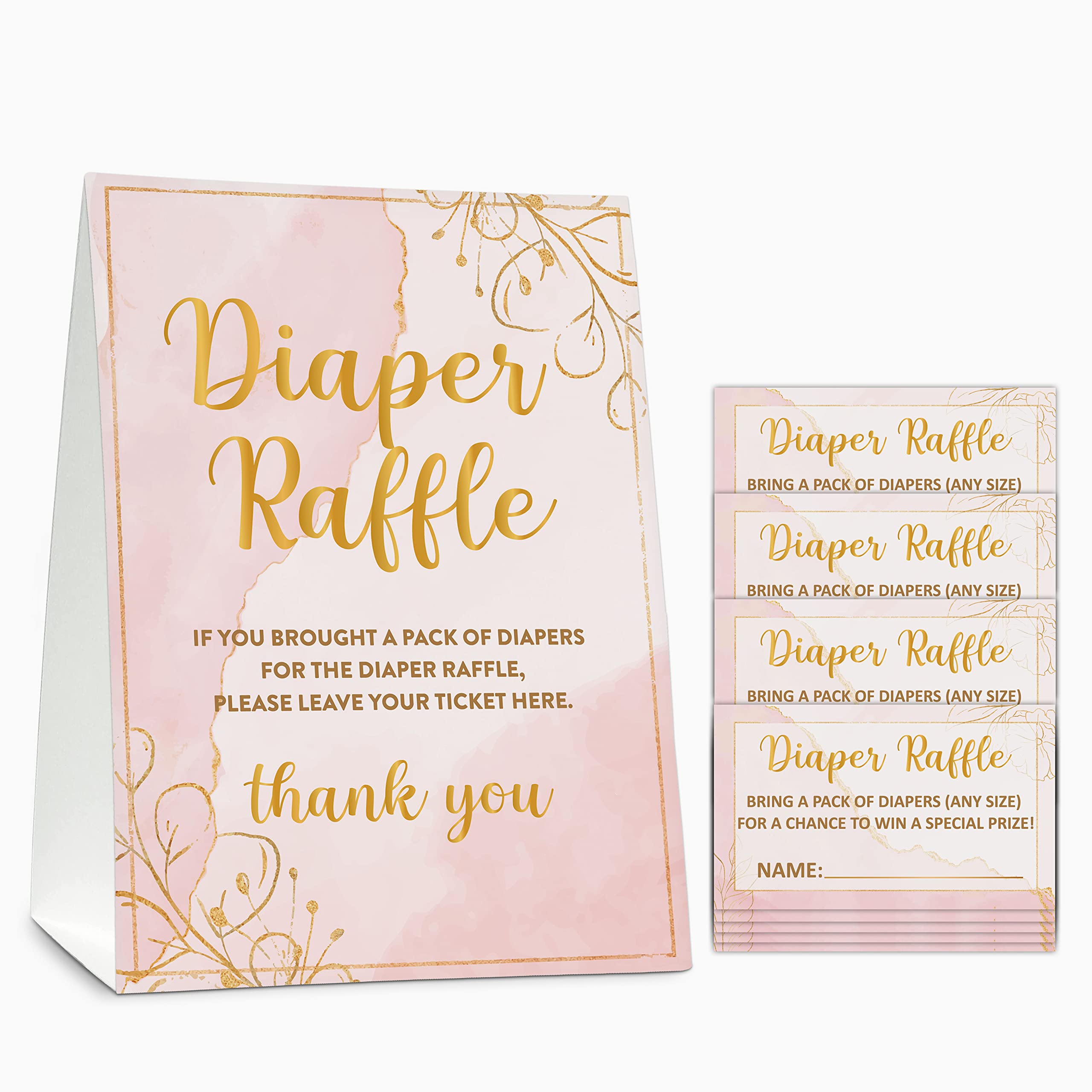 Gihyan Diaper Raffle Baby Shower Game Set(1 Standing Sign + 50 Guessing Cards), Watercolor Pink Diaper Raffle Tickets for Baby Shower, Gold Foil Baby Shower Party Favor Decor - A02