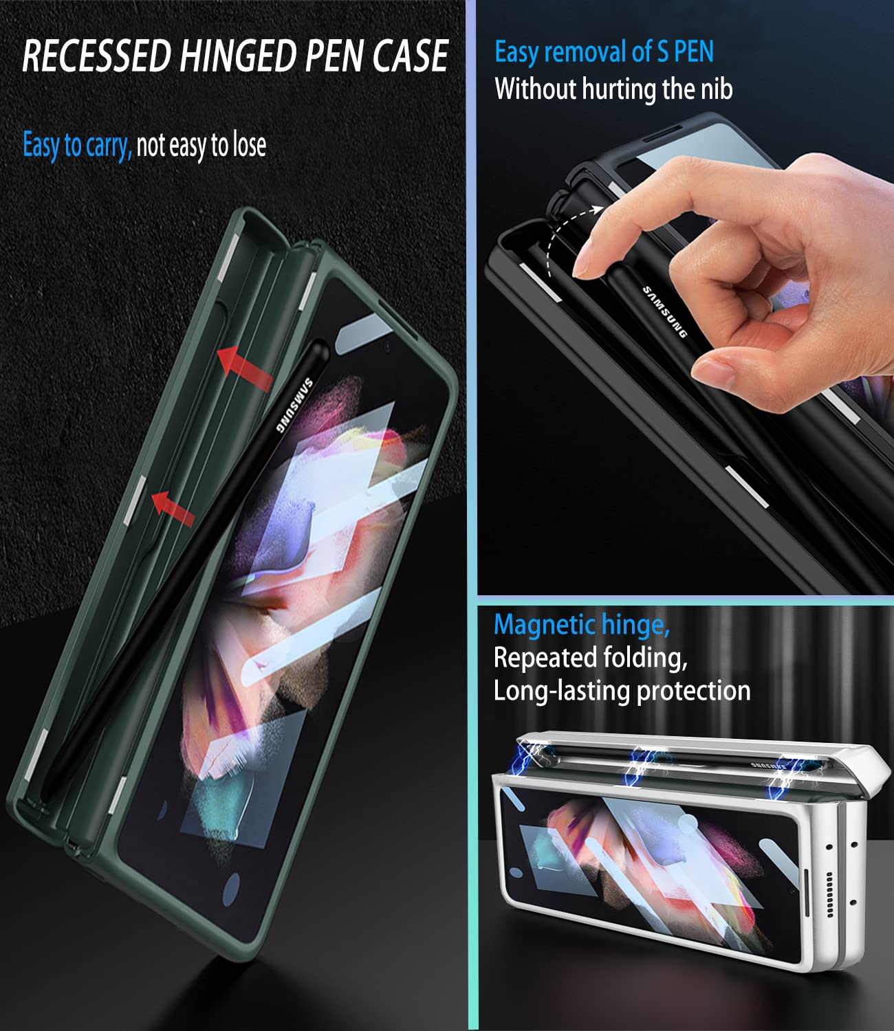 COCOING for Samsung Galaxy Z Fold 3 Case with Pen Holder,Hinged Cover Built-in with Pen Slot,with Screen Protector&Adjustable Bracket,Leather Cover Case for Galaxy Z Fold 3 (Silver)