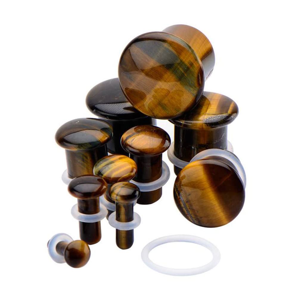 Blue Palm Jewelry Pair of Tiger Eye's Single Flare Stone Ear Plugs Silicone O-Ring Expander Gauges 8ga - 5/8 inch E554