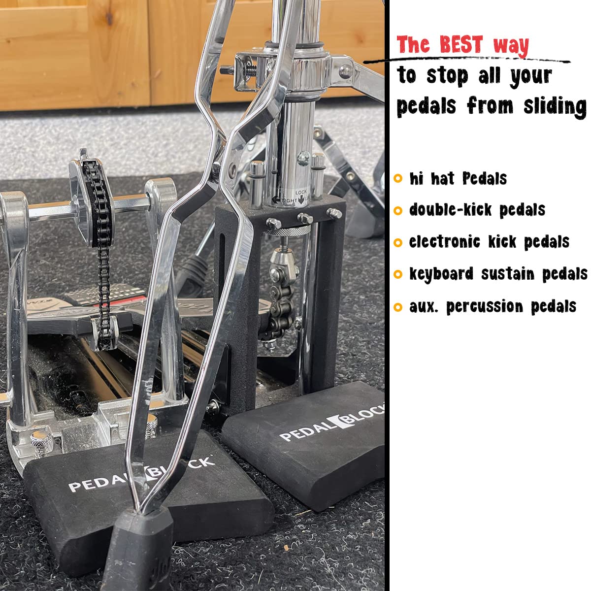 PedalBlock - Hi-Hat and Pedal Anchor System - Total Slide Prevention - For Double Kick Pedal, Hi-Hat Stand, Keyboard Pedal, Electric Bass Drum Pedal - Drum Set Accessory & Gift (Set of 2)