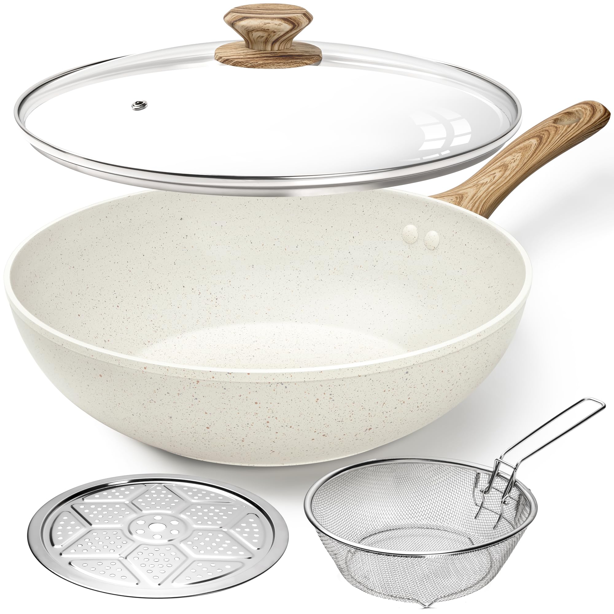 MICHELANGELO 12 Inch Wok Pan with Lid - Woks & Stir-Fry Pans Nonstick Wok with Lid, Stir Fry Pan with Cool-Touch Handle, Induction Wok Set with Stainless Steamer & Fryer Basket