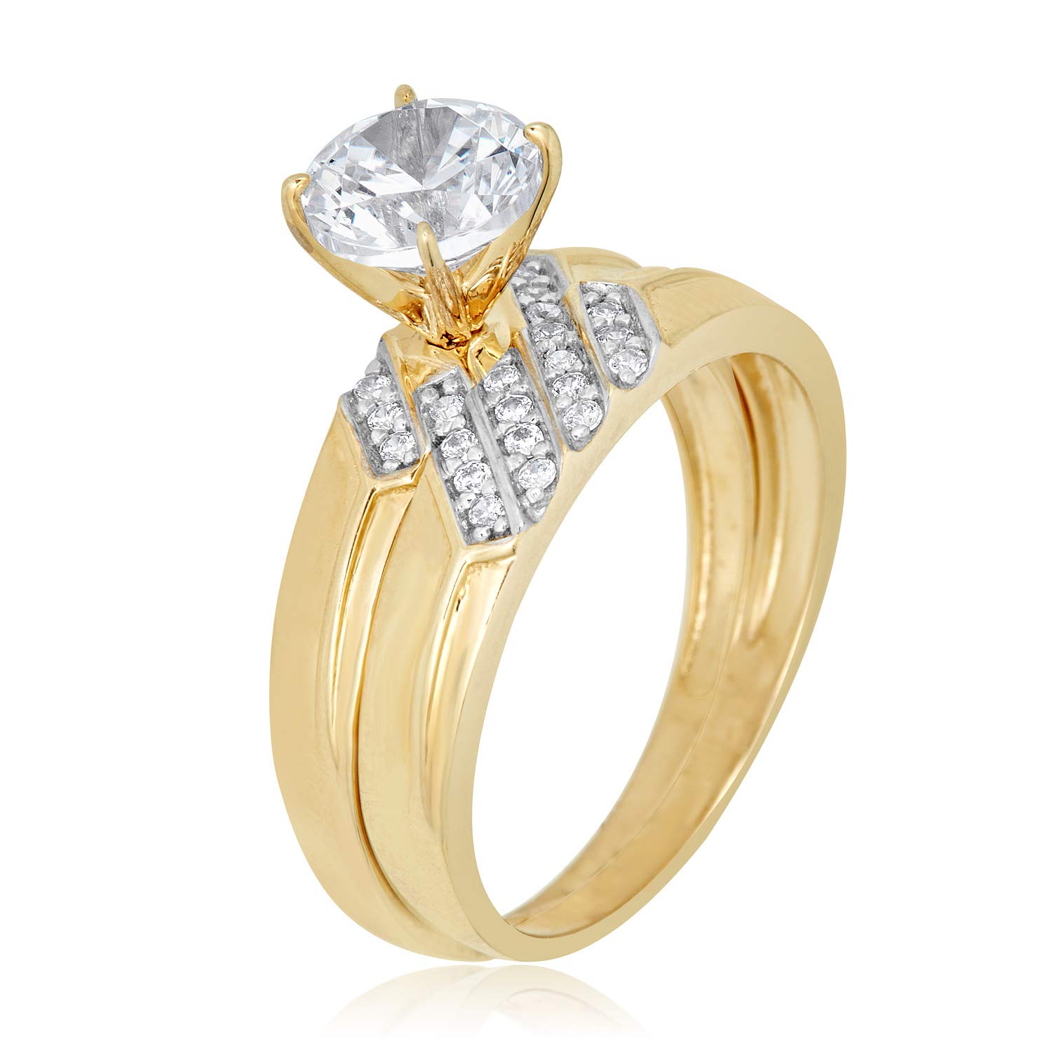 AVORA 10K Yellow Gold 1.25 Carat Simulated Diamond CZ Slant Striped Anniversary Bridal Engagement Wedding Band Ring Set - Size 8