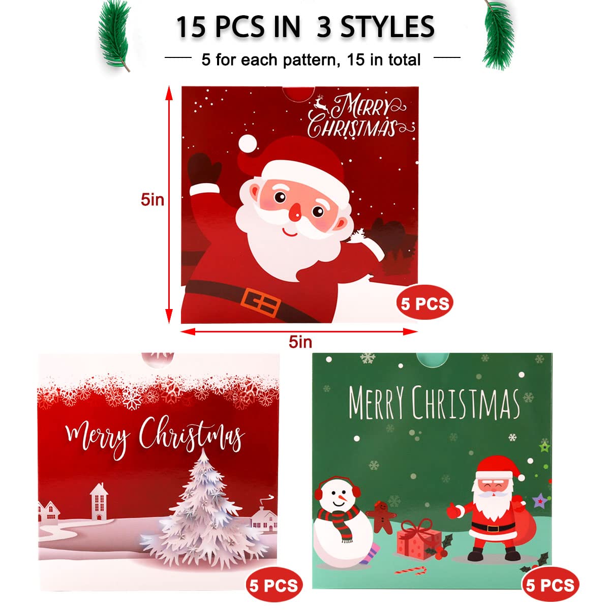 Frantis 15 Pack Stackable Christmas Gift Boxes,5x5x5 Inches Decorations Christmas Boxes, 3 Festive Designs Party Rustic Woodland Christmas Theme Nested Set , Candy, Holiday Bakery Treat