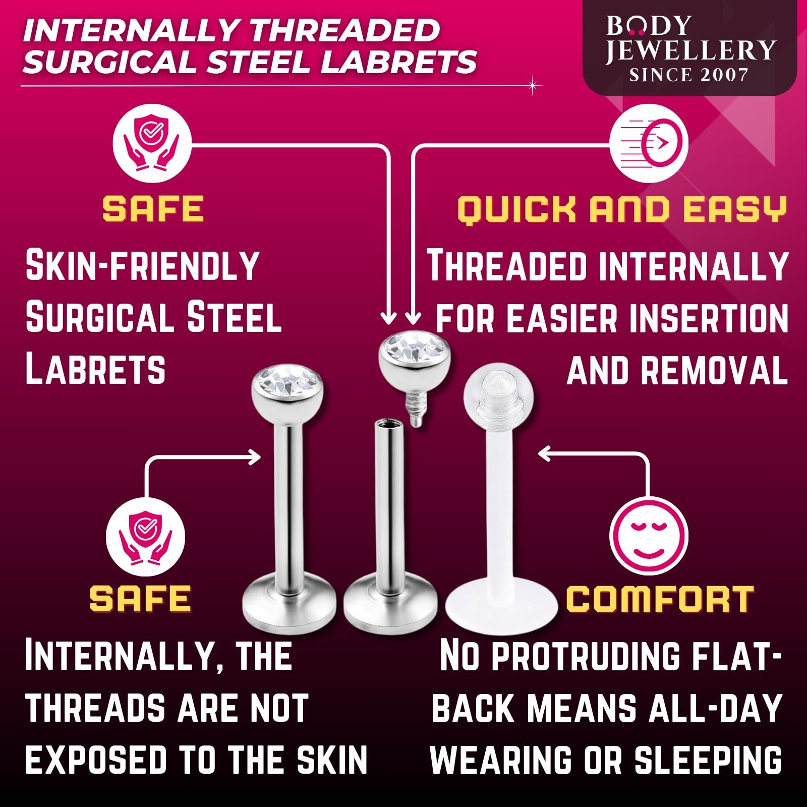 bodyjewellery 3pcs 16g 5/16 Labret Stud Lip Ring Snake Bite Conch Forward Helix Monroe Tragus Dahlia Marilyn Internally Threaded - Clear