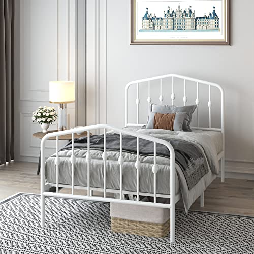 FUIOBYVV Metal Bed Frame Twin Size Platform with Vintage Headboard and Footboard Sturdy Premium Steel Slat Support Mattress Foundation No Box Spring Needed White