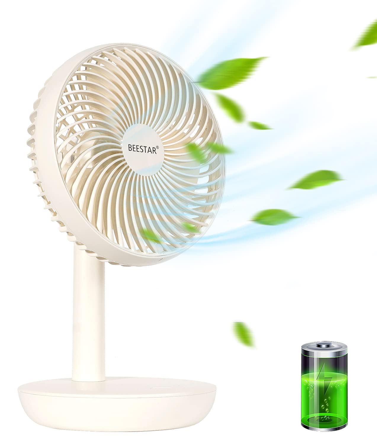 BEESTAR 6 Inch Battery Powered Fan,2000mAh Rechargeable Fan 4 Speed Adjustable Strong Wind,Desk Fans Small Quiet with Usb Charging Cable,Tilt Design,Fan For Office Bedroom Desktop Camping (White)