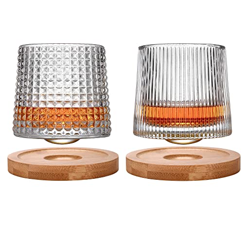 JEKMOS Rotatable Whiskey Glasses Set of 2 Old Fashioned Rocks Glasses with Coasters 6.2OZ Crystal Spinning Viski Tasting Glasses for Drinking Cups Gifts for Men