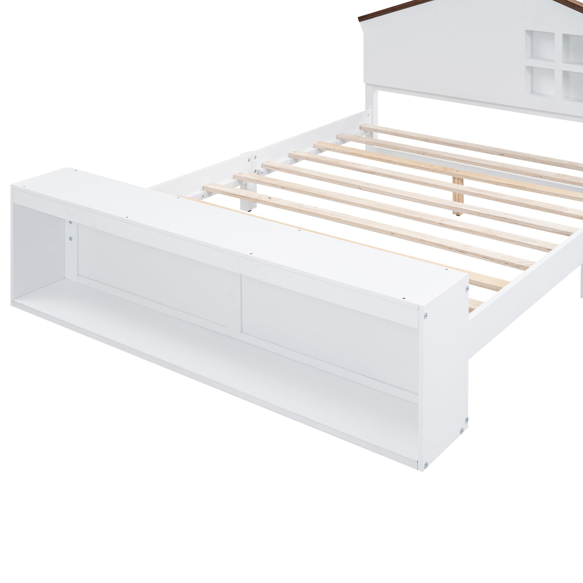 FIQHOME Full Size House Platform Bed,Wooden Kids Full Platform Bed Frame with LED Lights and Storage, Cute Single Full Led Bed for Girls Boys,No Box Spring Needed,White
