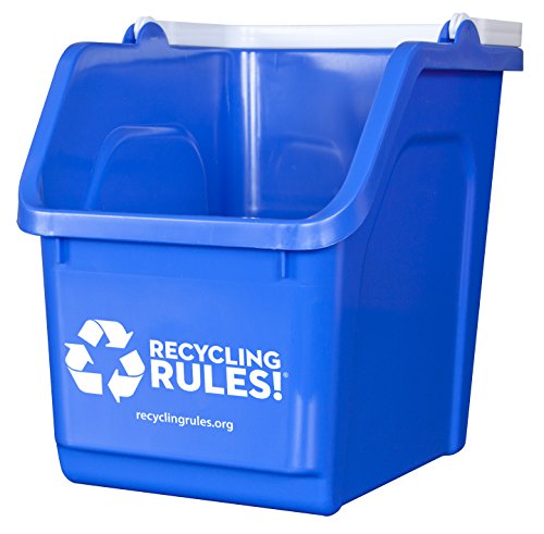 Recycling Rules 6 Gallon Stackable Recycling Bin Container in Blue, Eco-Friendly BPA-Free Handy Recycler with Handle, 6-Pack