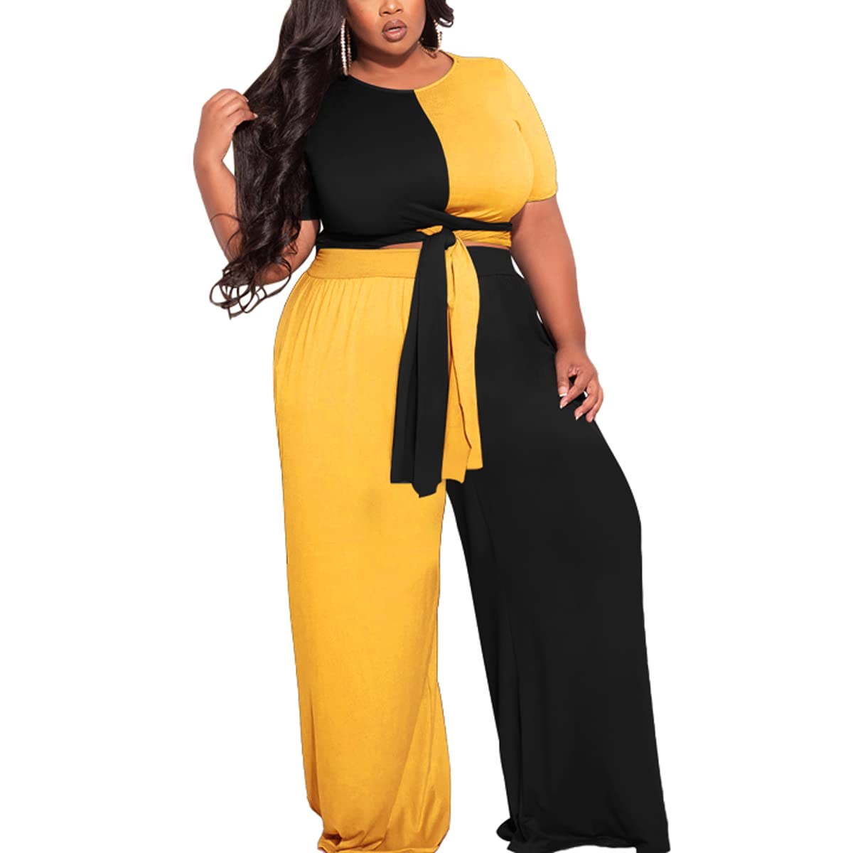 Brimisal Women Tracksuit Plus Size 2 Piece Outfits Short Sleeve Color Block splicing Drawstring Top Wide Leg Pants Sets