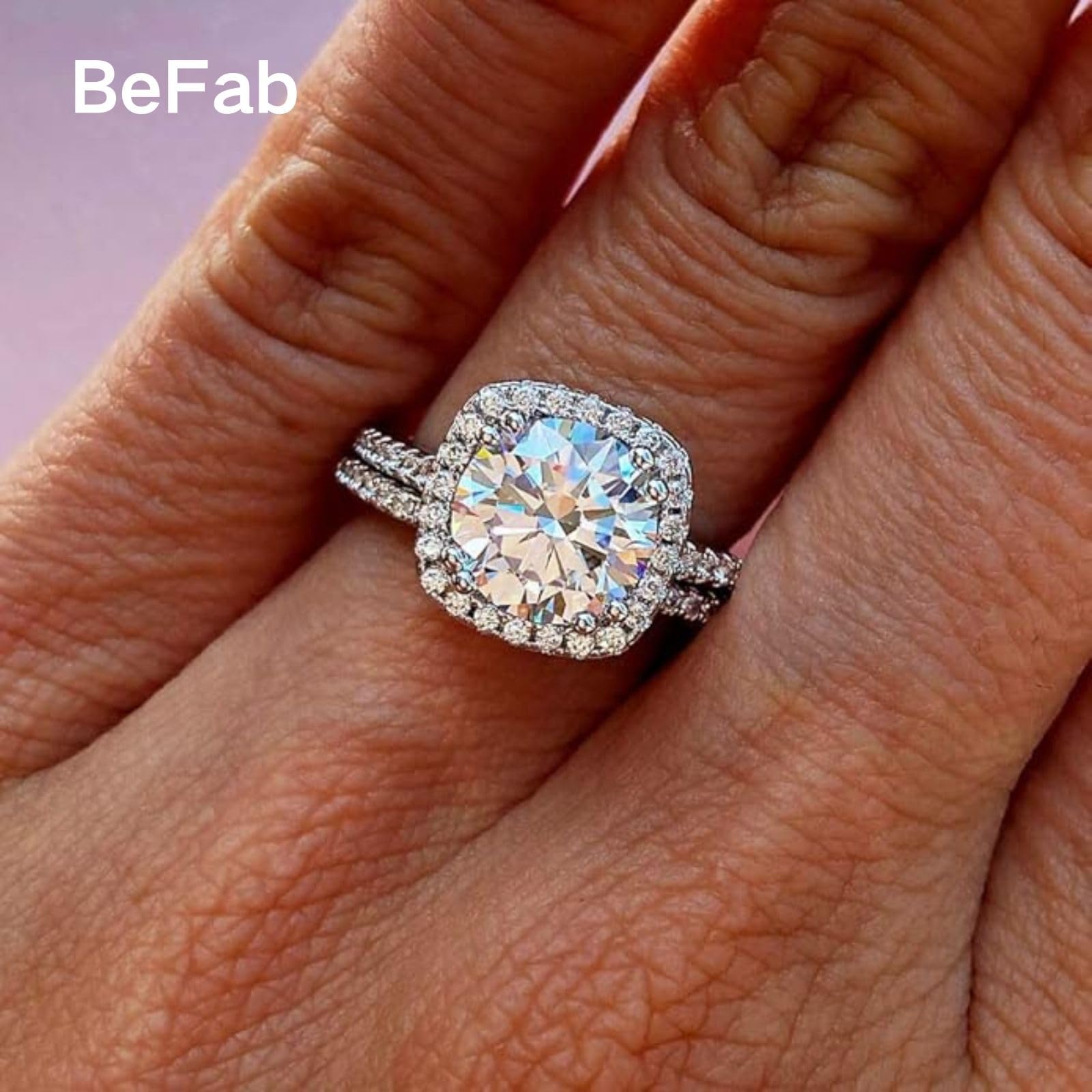 BeFab Cz Bridal Ring Set Accented Round Halo Engagement Ring Matching Half Eternity Wedding Band Size 4-10 (Silver, 5)