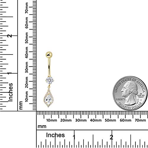AVORA 10K Yellow Gold Simulated Diamond CZ Teardrop Dangle Belly Button Ring Body Jewelry (14 Gauge)